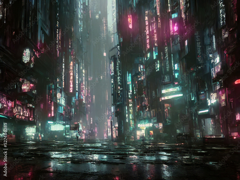 Neo cyberpunk city at night. Stock Illustration | Adobe Stock