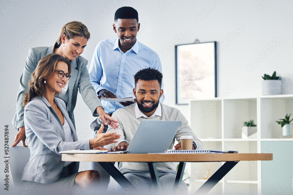 Laptop ppt presentation, business meeting and team working on review ...