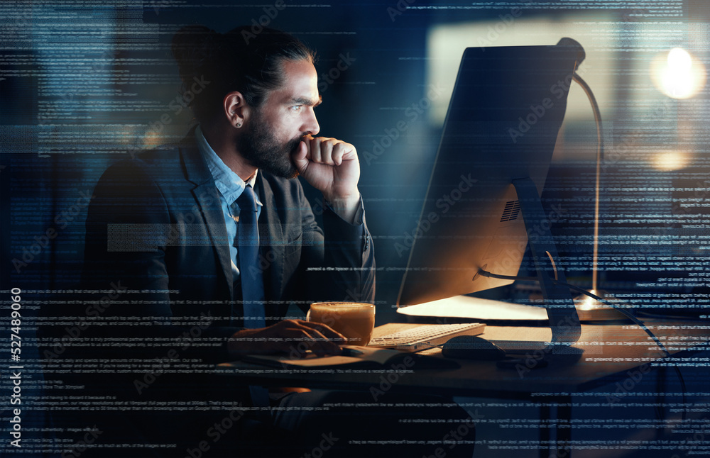 Big Data Tech Coding Of A Fintech Programmer Writing Futuristic Technology Code On Computer At