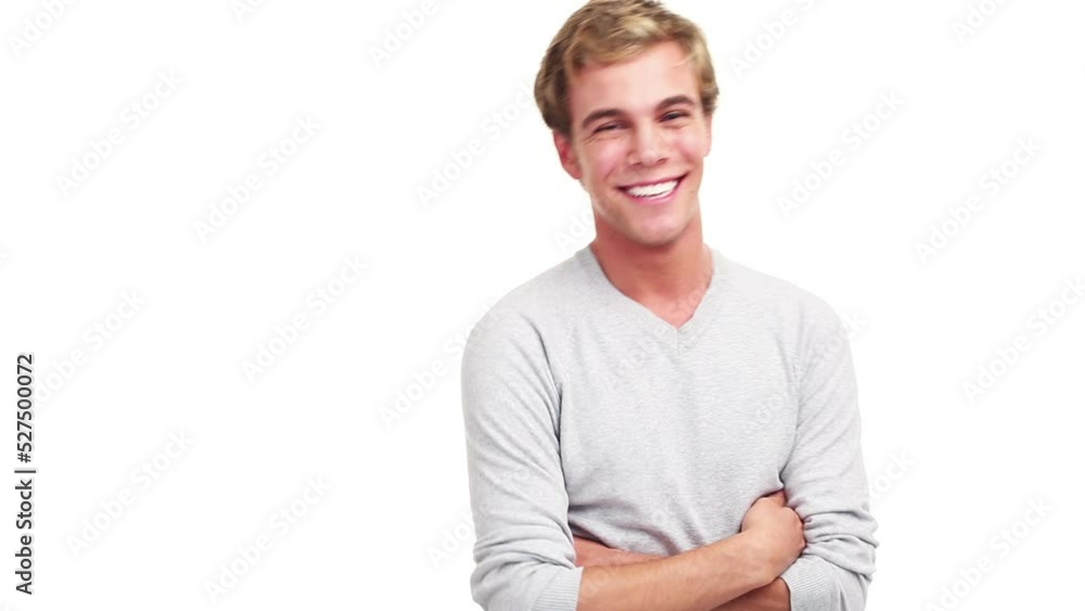 Funny young man laughing, goofy smile and comic joke on white studio ...