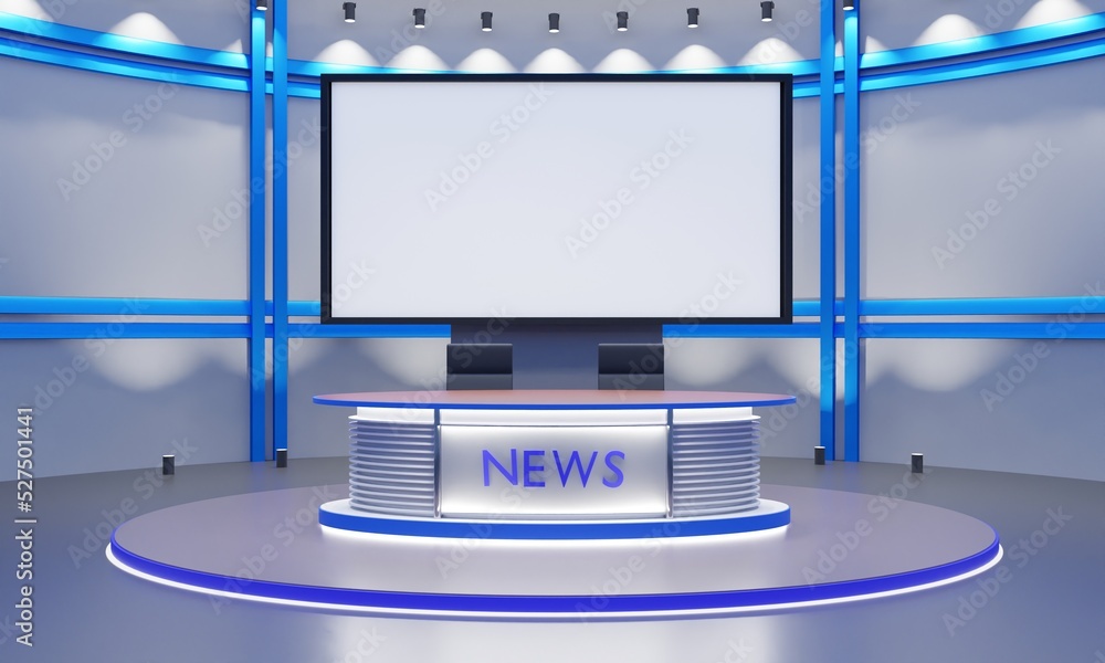 wood table and lcd background in the news studio room.3d rendering ...
