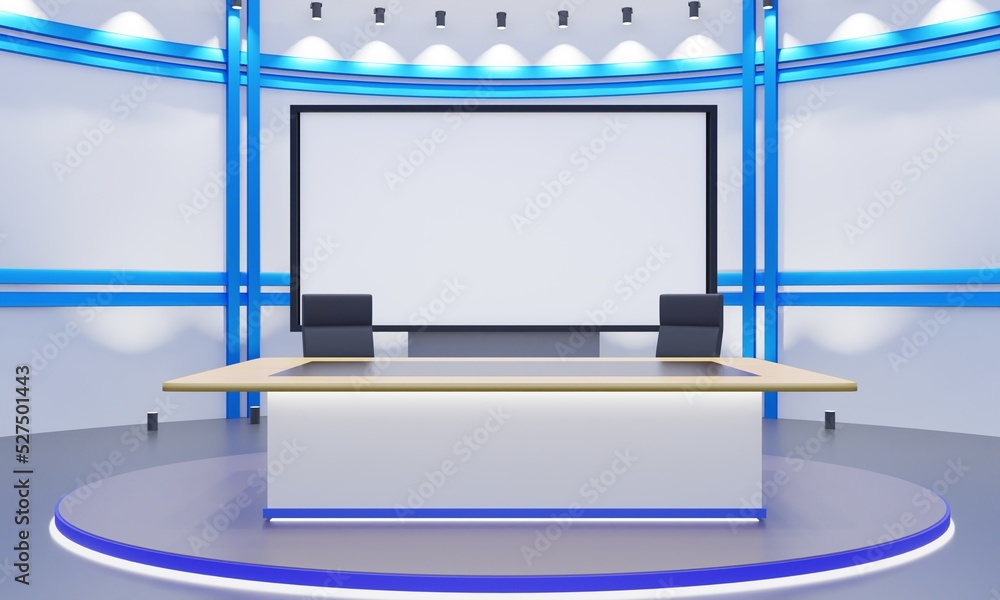 wood table and lcd background in the news studio room.3d rendering ...