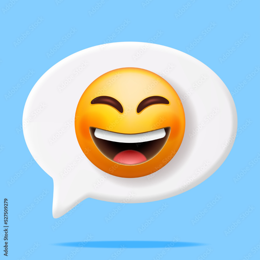 3D Yellow Laugh Emoticon in Speech Bubble Isolated. Render Laughing ...