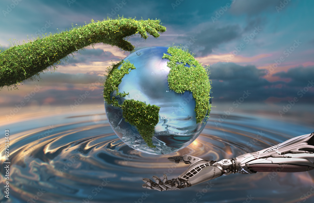 Hi Tech Mechanical Robot and Nature covered with flowers and grass two ...