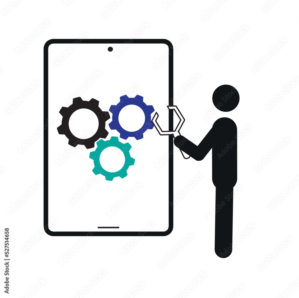 pictogram, stick man phone repair and setup wizard, banner, template ...