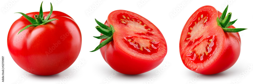 Tomato isolated. Tomato set: whole, half, slice on white background ...