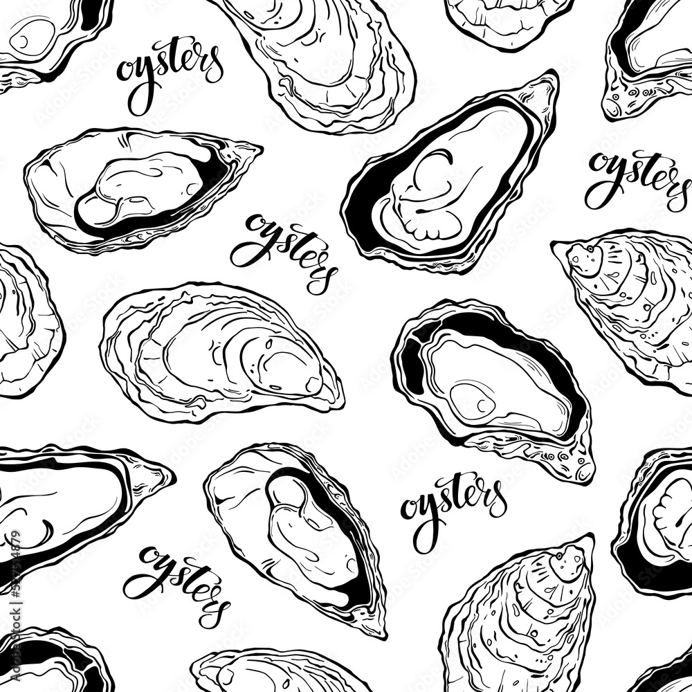 Oysters seamless pattern on white. Vector. Black and white. Perfect for ...