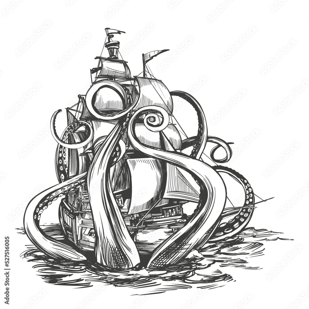 octopus attacked the ship, retro old Ship vintage hand drawn vector ...