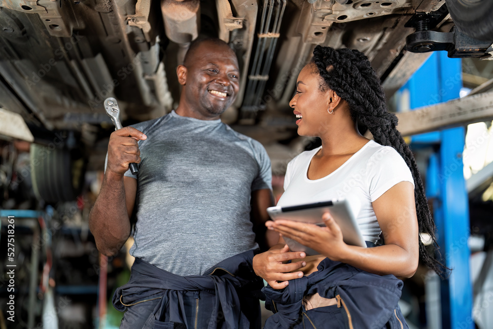Mechanical girl wearing half overall cover suit hold checklist talking ...