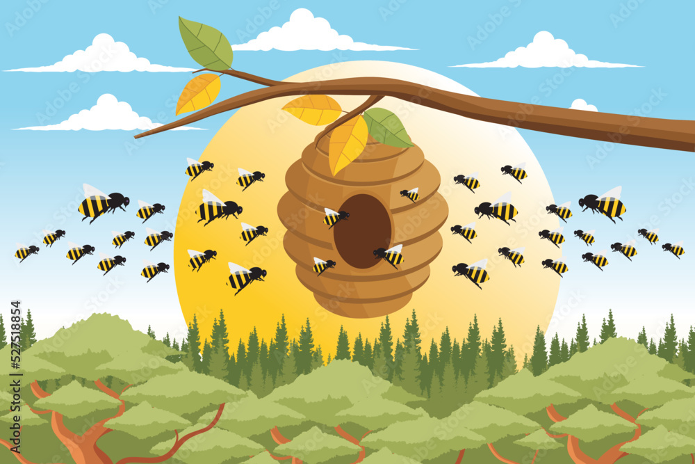 Vector illustration of a beehive. Illustration of a beehive on a tree ...