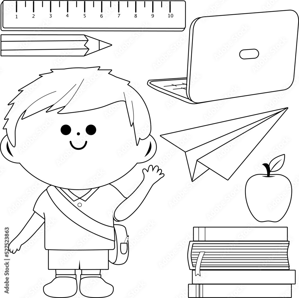 Student boy and set of school objects. Vector black and white coloring ...