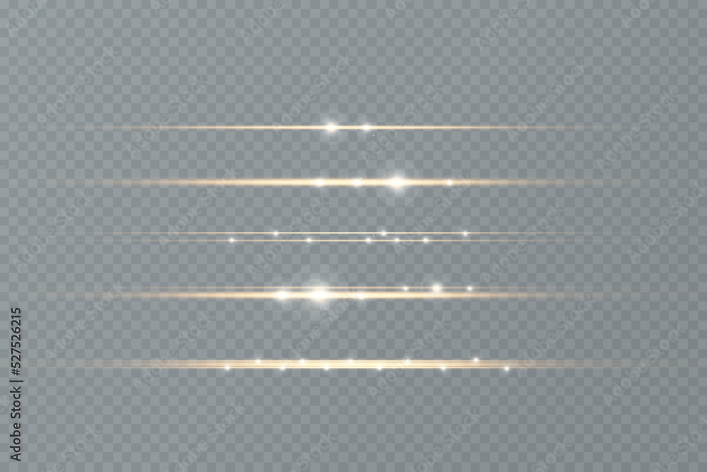 Gold horizontal lens flares pack. Laser beams, horizontal light rays. Glow transparent vector ...