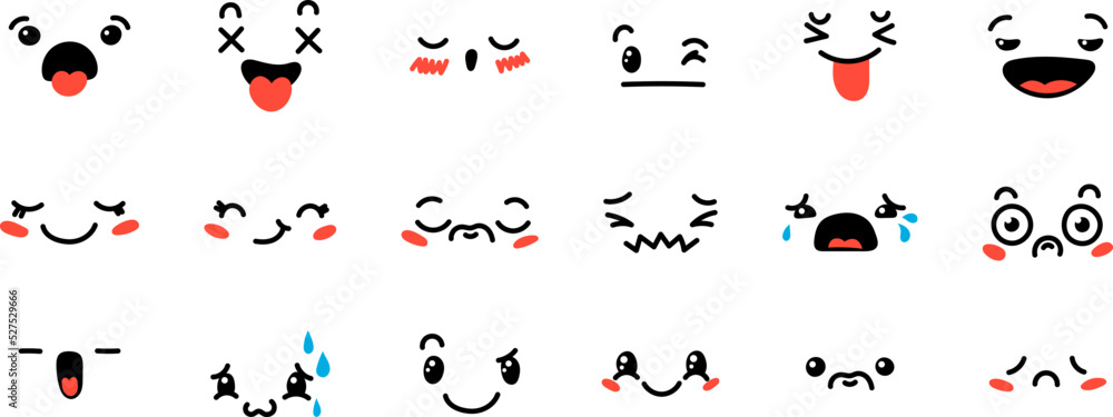 Various Cartoon Emoticons Set. Doodle faces, eyes and mouth. Caricature ...