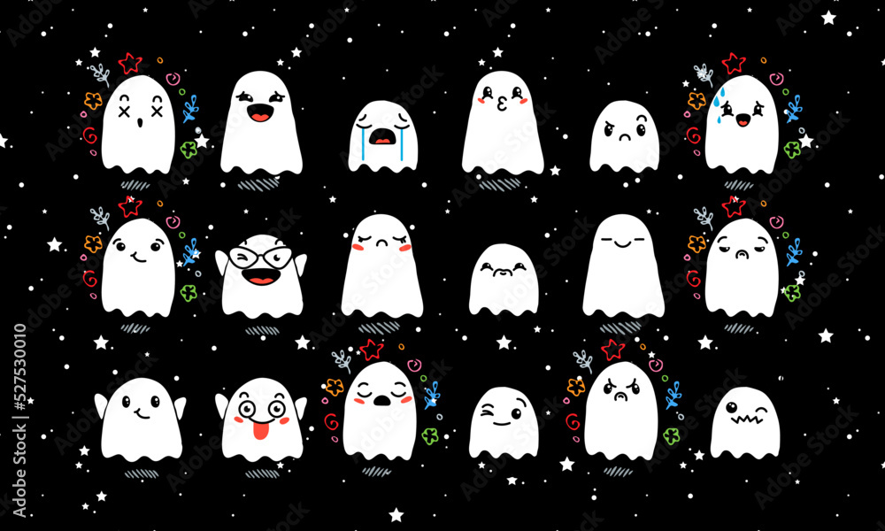 Set of Various Cartoon Ghosts with Emoticons. Doodle ghouls, eyes and ...