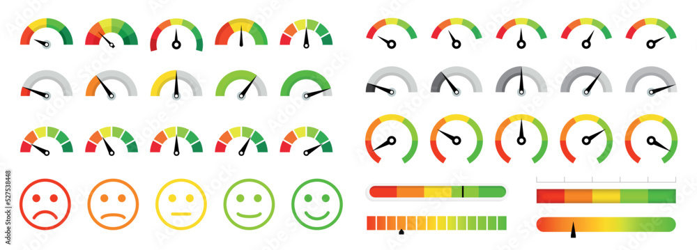 Vetor de Colour speedometer set. Meter level. Good and Bad meter ...