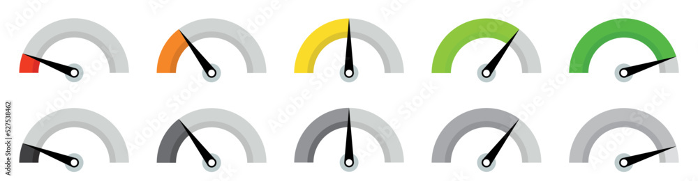 Colour speedometer set. Meter level. Good and Bad meter. Colored scale ...