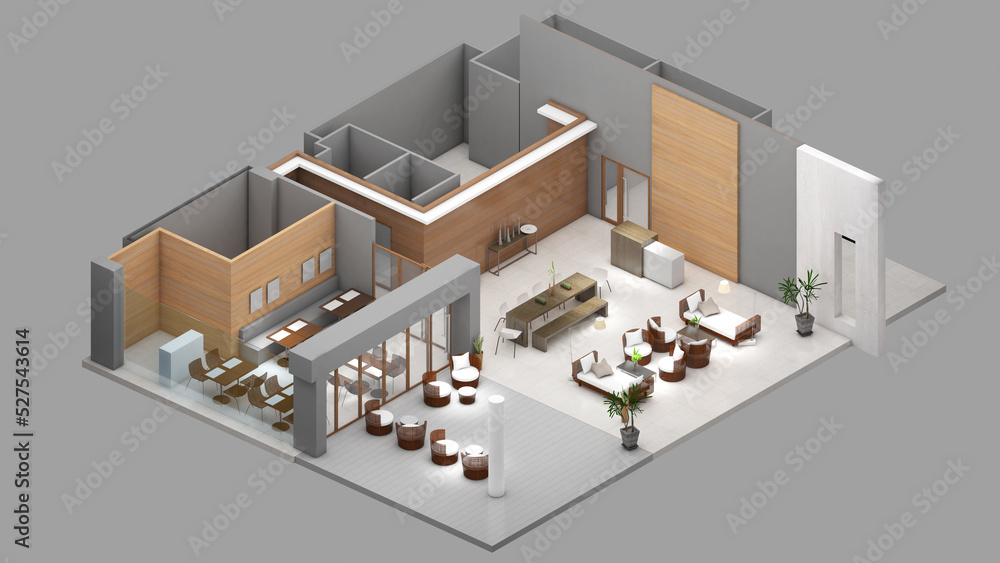 Isometric view of a lobby area and restaurant,residential and public ...