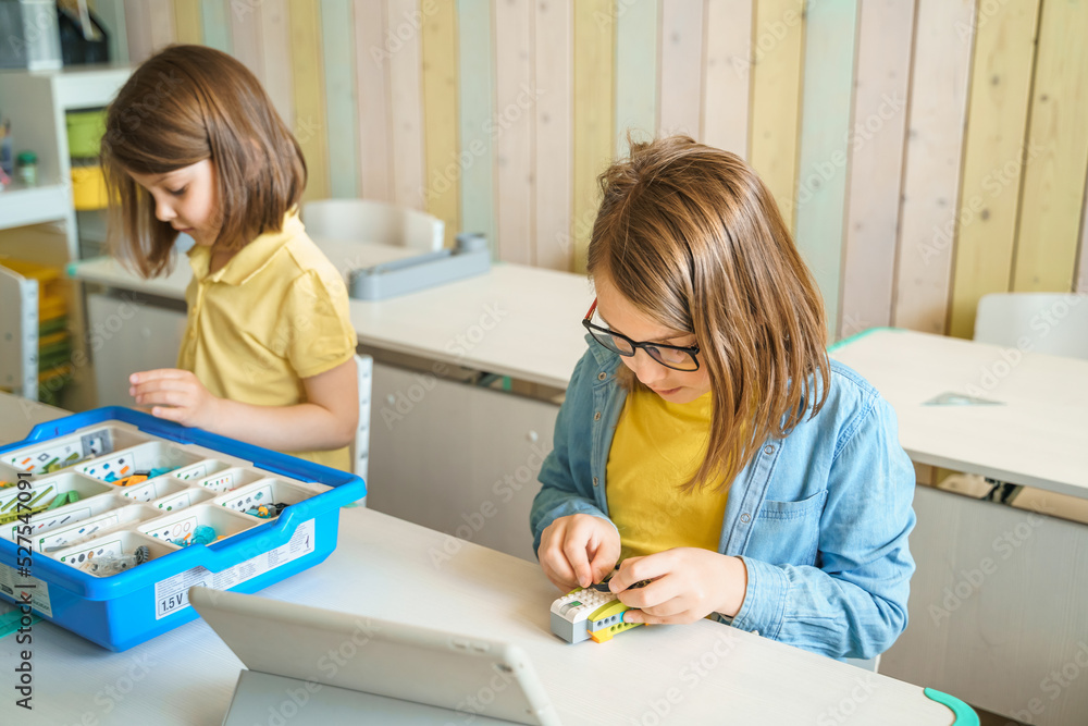 Programming work, learning robotics in elementary school. Children ...