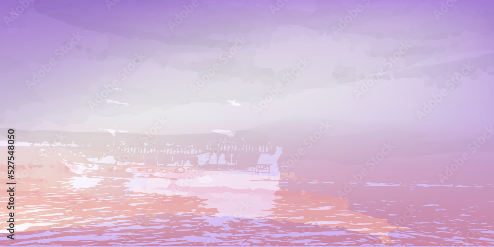 Watercolor sea panorama. Yacht on the coast. Purple background with ...