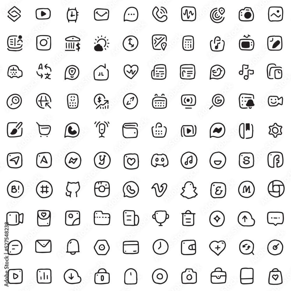 social media icon pack, interactive icons, hand drawn icons Stock ...