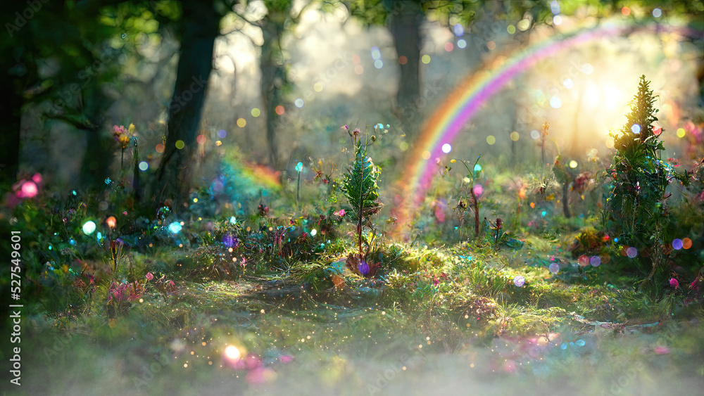 Glowing fantasy lights and magical rainbow in fairy tale forest Stock ...