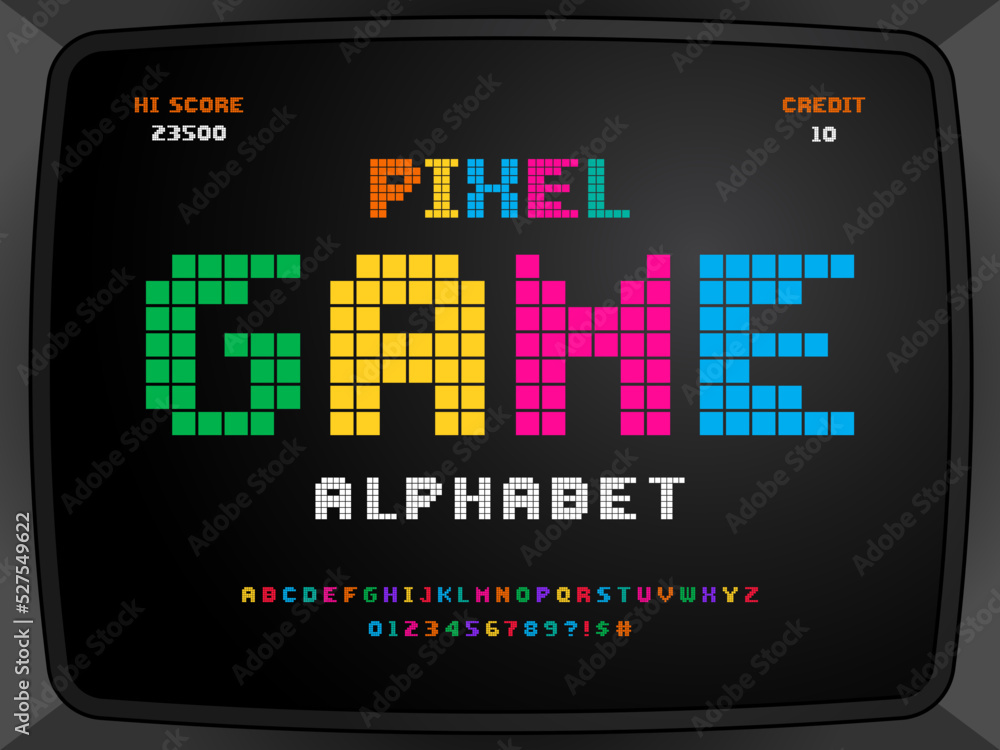 pixel style font with uppercase, numbers and symbol Stock Vector ...