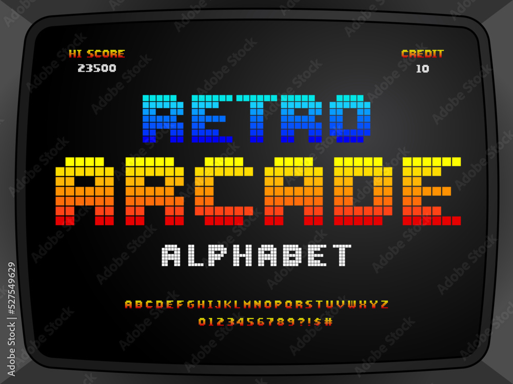 pixel style font with uppercase, numbers and symbol Stock Vector ...