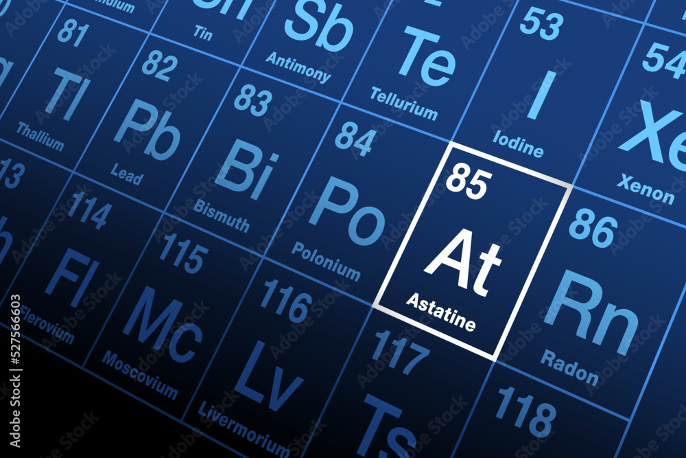 Astatine on periodic table. Extremely radioactive chemical element with ... Astatine on periodic table. Extremely radioactive chemical element with ...