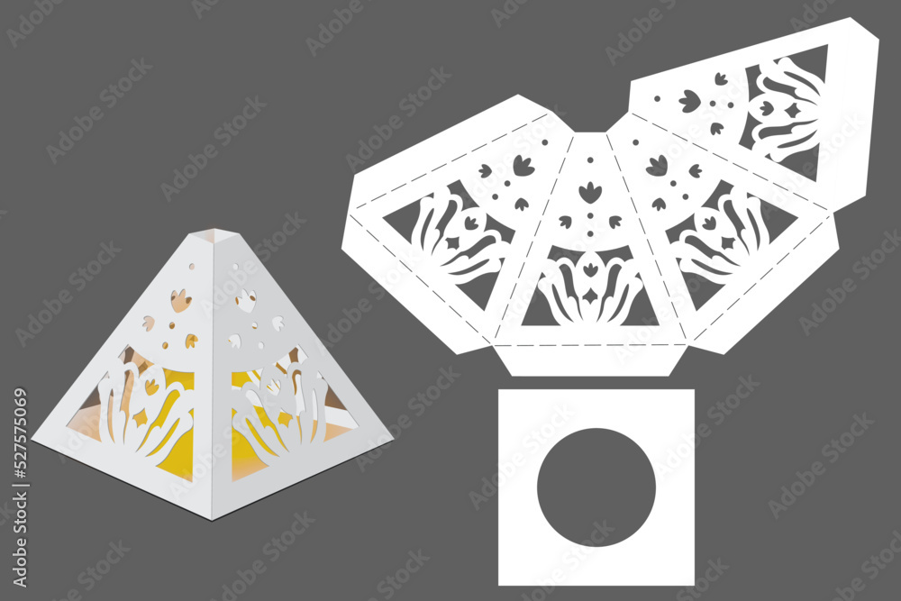 Stencil template of a triangular lantern with a large flower. Festive ...
