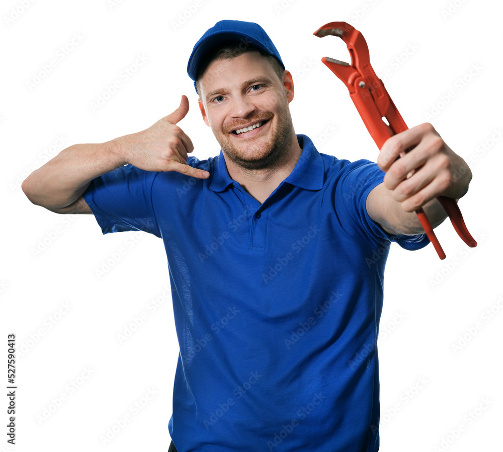 handyman plumber with wrench showing phone call gesture on transparent ...