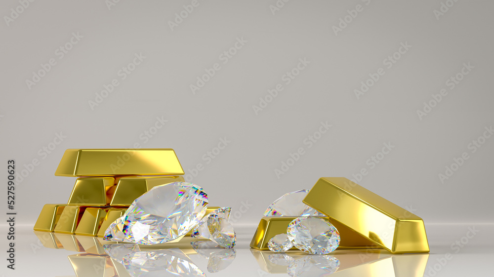 pile of shiny gold bars and luxury diamonds - 3d render of precious ...