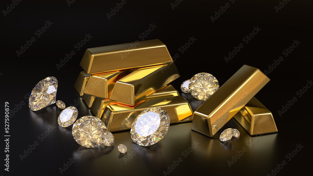pile of shiny gold bars and luxury diamonds - 3d render of precious ...