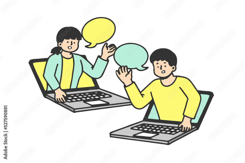 Two people talk through laptop screens and shake hands. Online ...