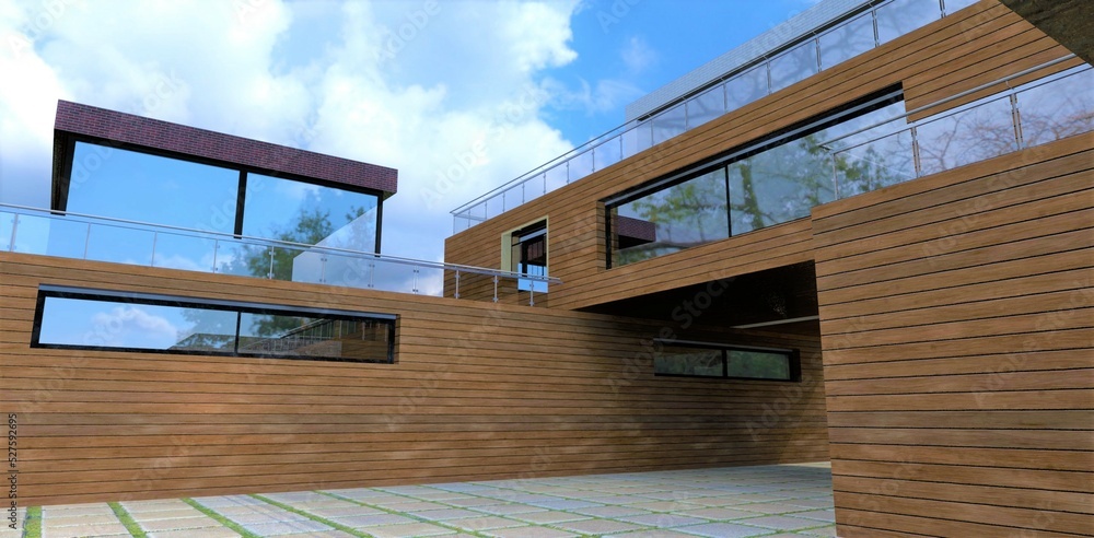 Architectural solution wood finishing of the facade of a modern house ...