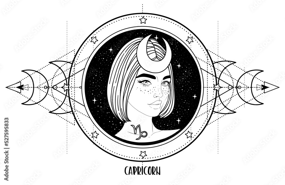 Illustration of Capricorn astrology sign as a beautiful girl over ...