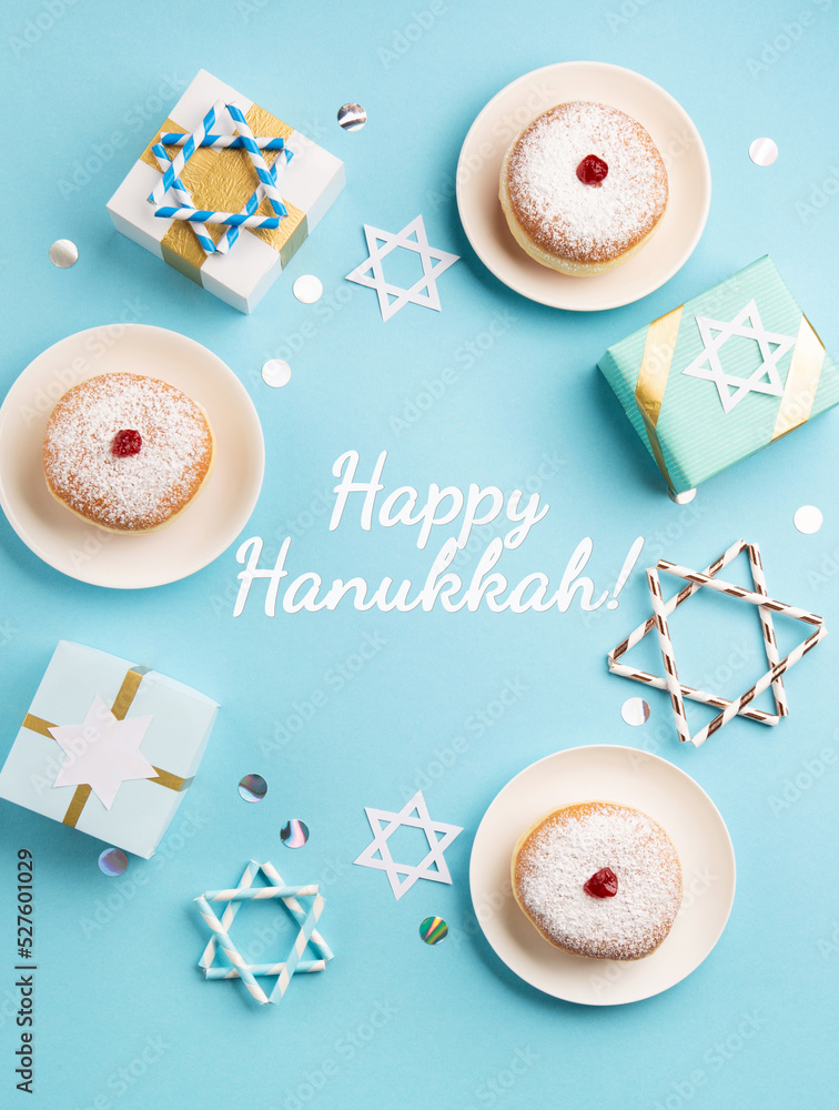 Jewish holiday Hanukkah concept - Hanukkah sweet doughnut with powdered ...