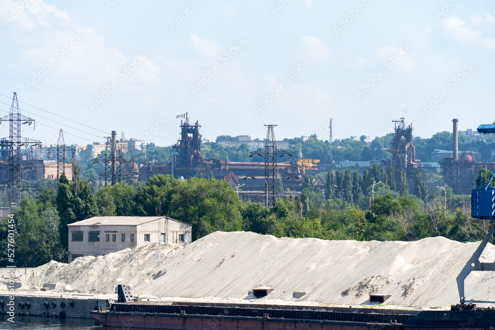 Big port cranes on the river. Extraction and transportation sand ...