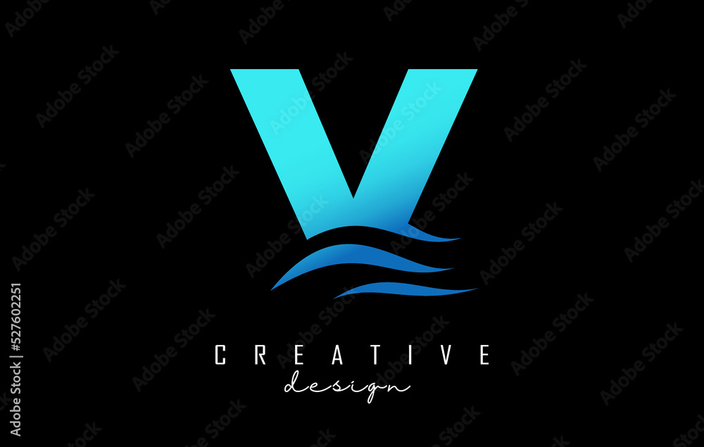Water effect blue letter V logo with leading lines. Letter with ...