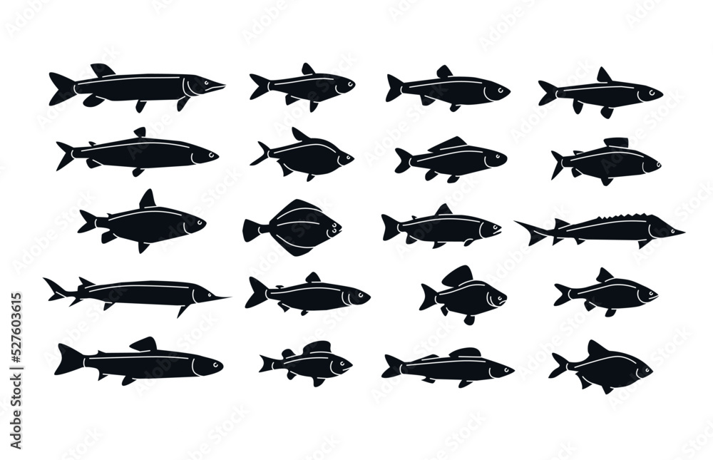 Fish symbol silhouettes. Fishes black vector icons . Fishing concept ...