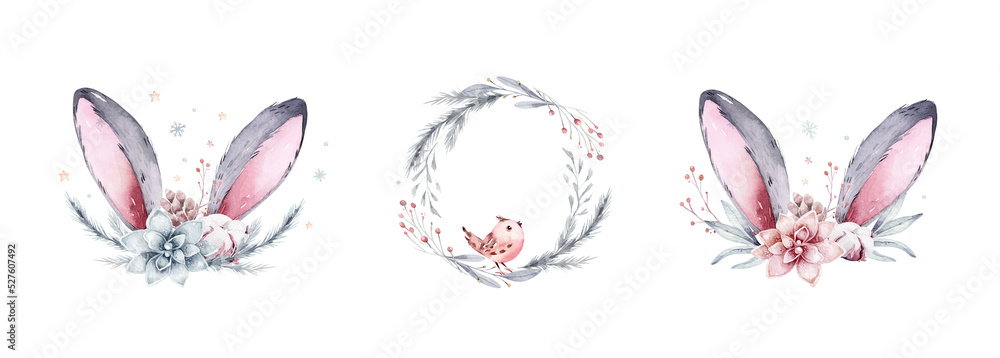 Watercolor new year baby bunny portrait illlustration poster and ...