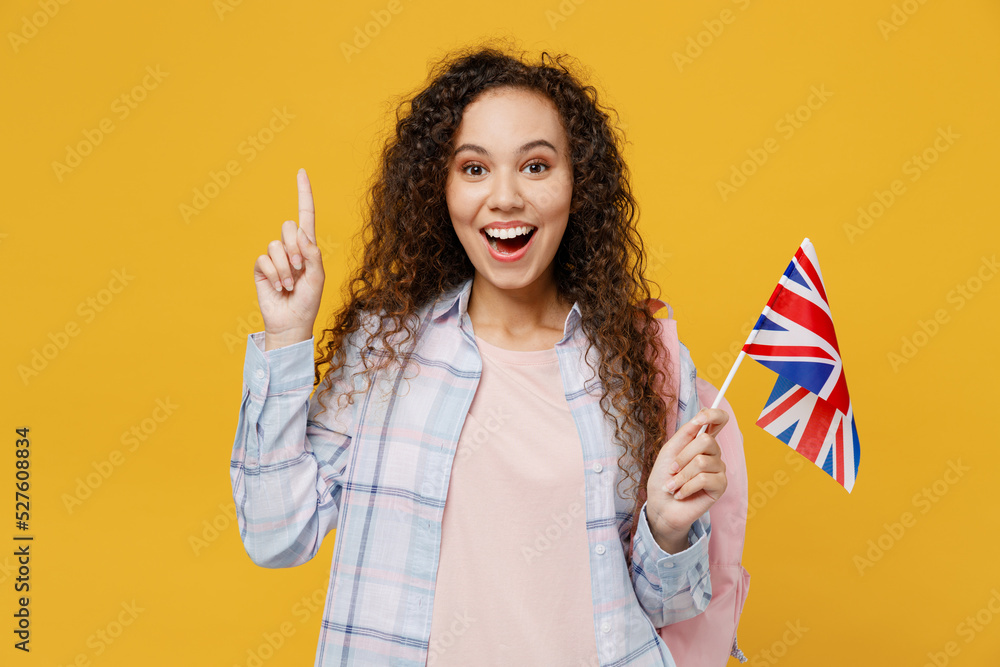 Young fun black teen girl student she wear casual clothes backpack bag ...