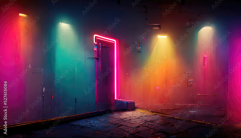 Brick old wall, neon light. Dark empty street with neon multi-colored ...