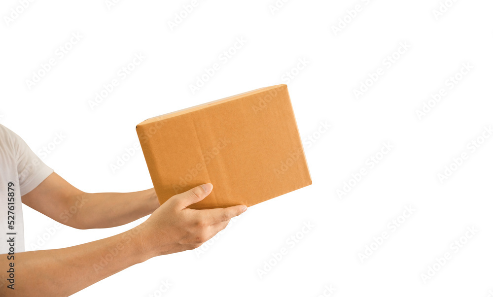 Delivery man hand holding parcel cardboard box on transparent ...