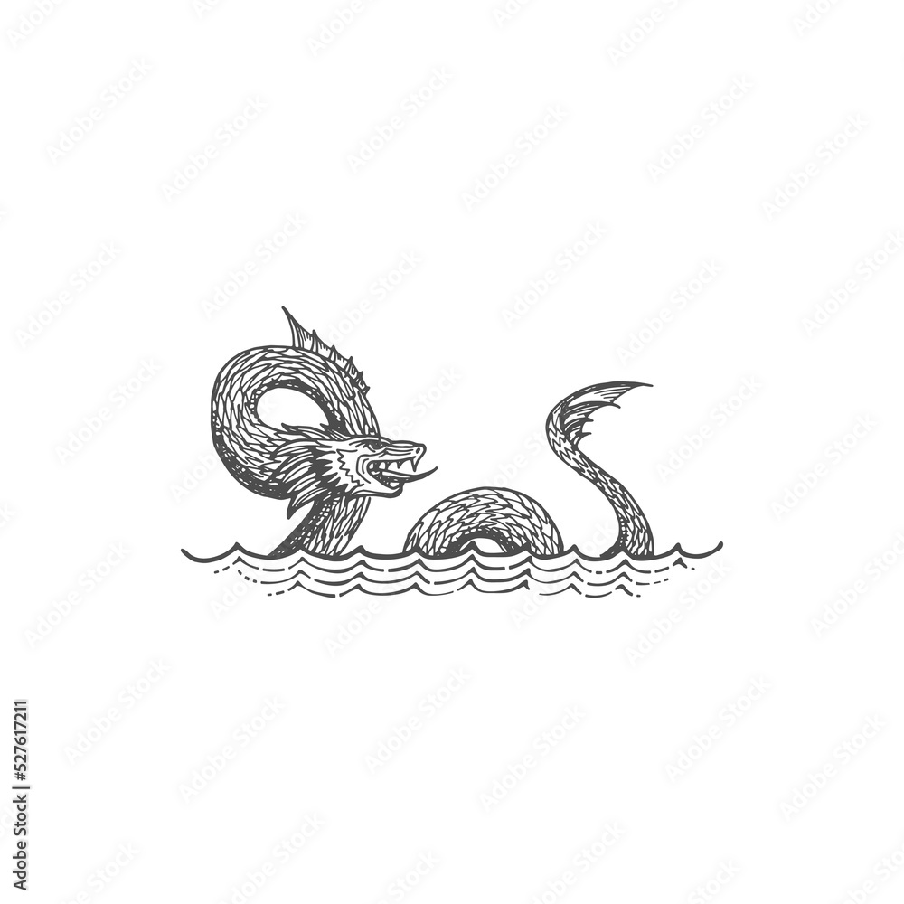 Leviathan mythical creature, sea serpent in Judaism isolated monochrome ...