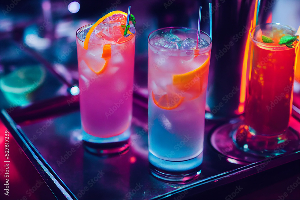 The colorful cocktails on the bar counter, 3D rendering. Stock ...
