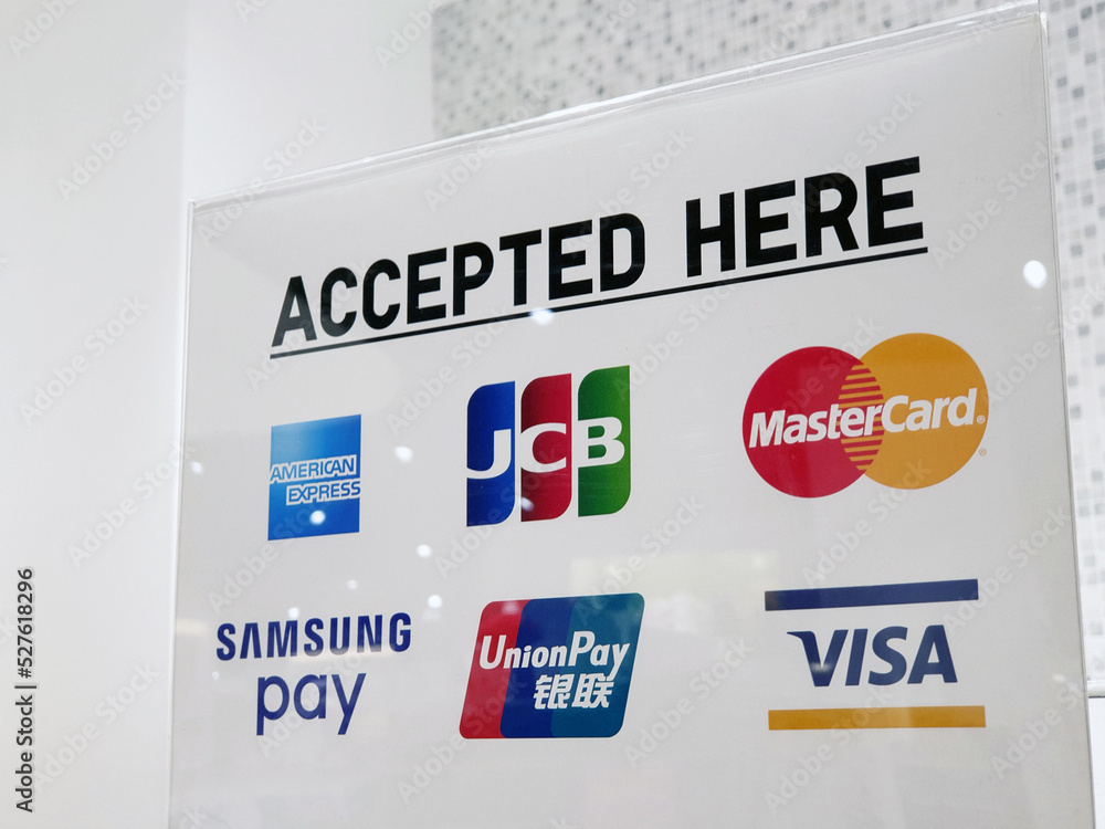 PENANG, MALAYSIA - MAR 7, 2019 : Signage of various types of credit ...