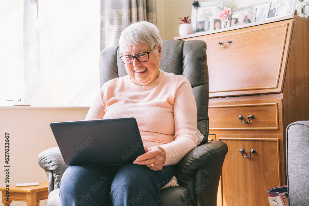 Senior grandmother sitting on armchair, looking at laptop screen. Grey ...