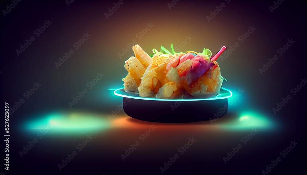 cyberpunk food futuristic tempura , japanese food, neon light on ...