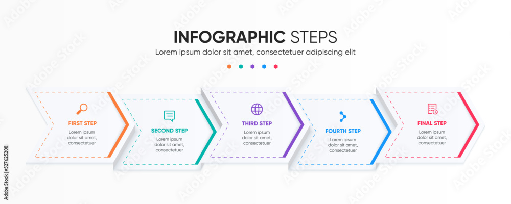 five steps arrows infographic with colorful elements. 5 steps with ...