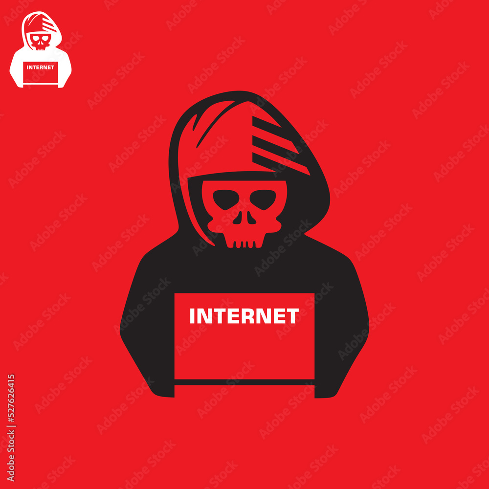 iternet virus logotype, silhouette of human with skull mask sitting ...